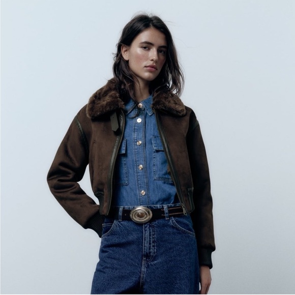 Zara | Jackets & Coats | Zara Double Faced Aviator Jacket Brown Suede ...